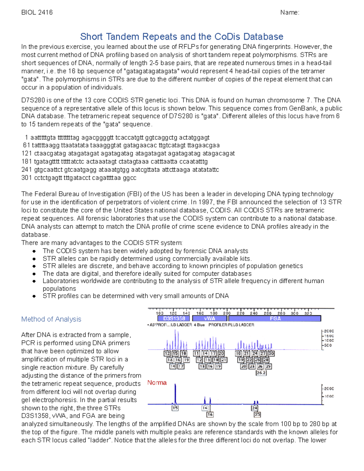 genetics lab pdf - Short Tandem Repeats and the CoDis Database In the ...