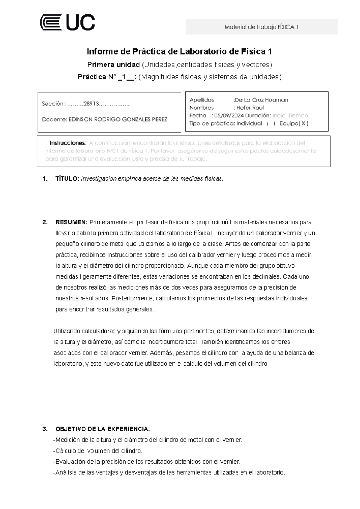 Primer informe de Laboratorio-Fisica - Informe de Práctica de Laboratorio de Física 1 Primera ...