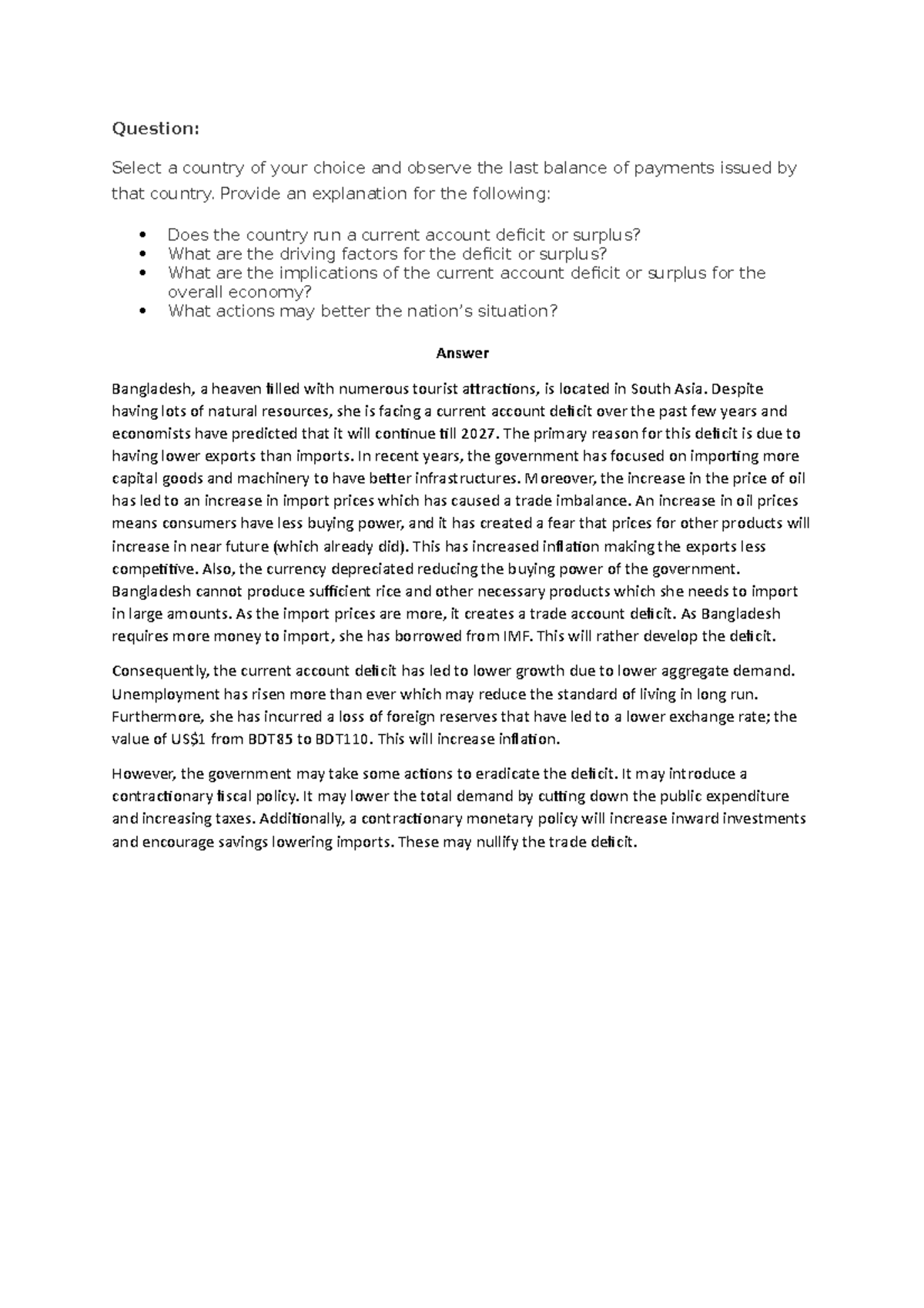 Balance of Payments Issued by a Country - Question: Select a country of ...