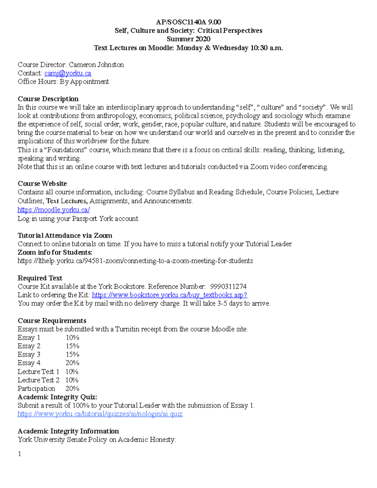 SU1140 - Course Outline - AP/SOSC1140A 9. Self, Culture and Society ...