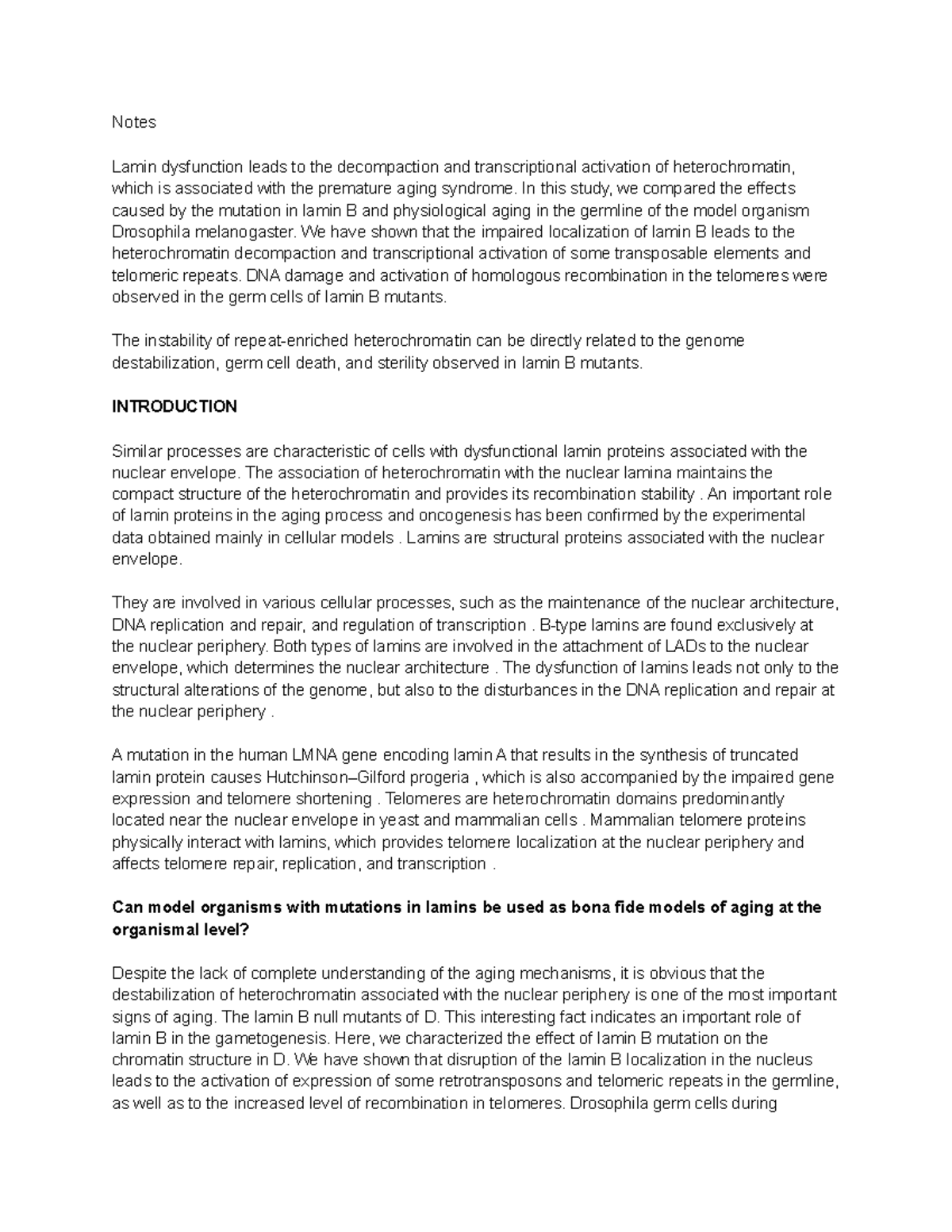 Bio chem - notes - Notes Lamin dysfunction leads to the decompaction ...