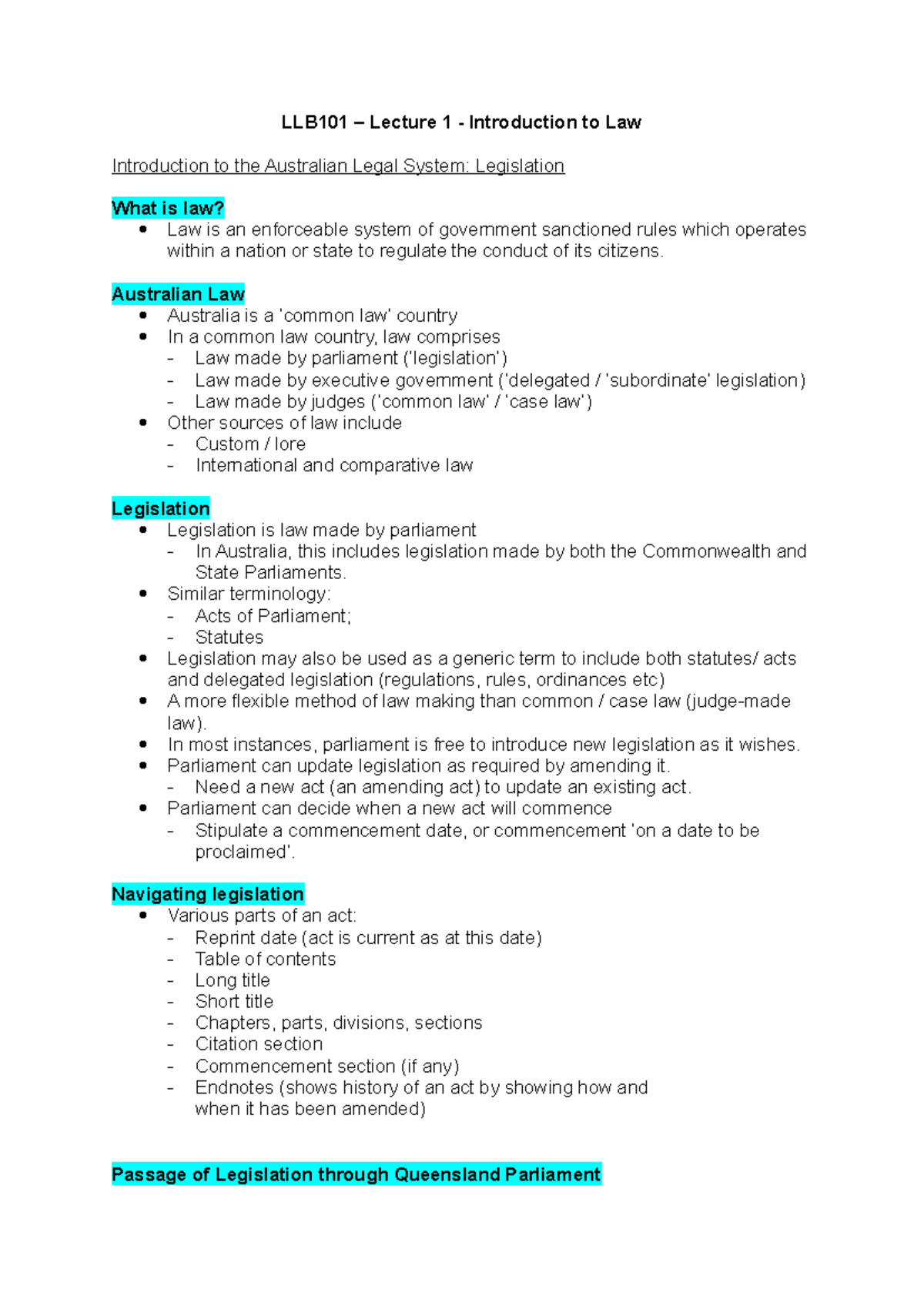 LLB101 Lecture 1 - LLB101 – Lecture 1 - Introduction to Law Introduction to the Australian Legal ...