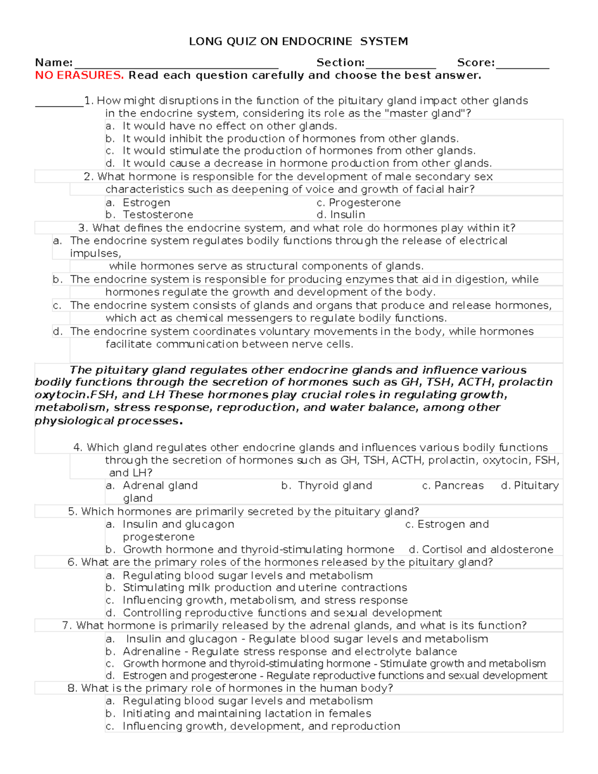 LONG QUIZ ON Endocrine System - LONG QUIZ ON ENDOCRINE SYSTEM - Studocu