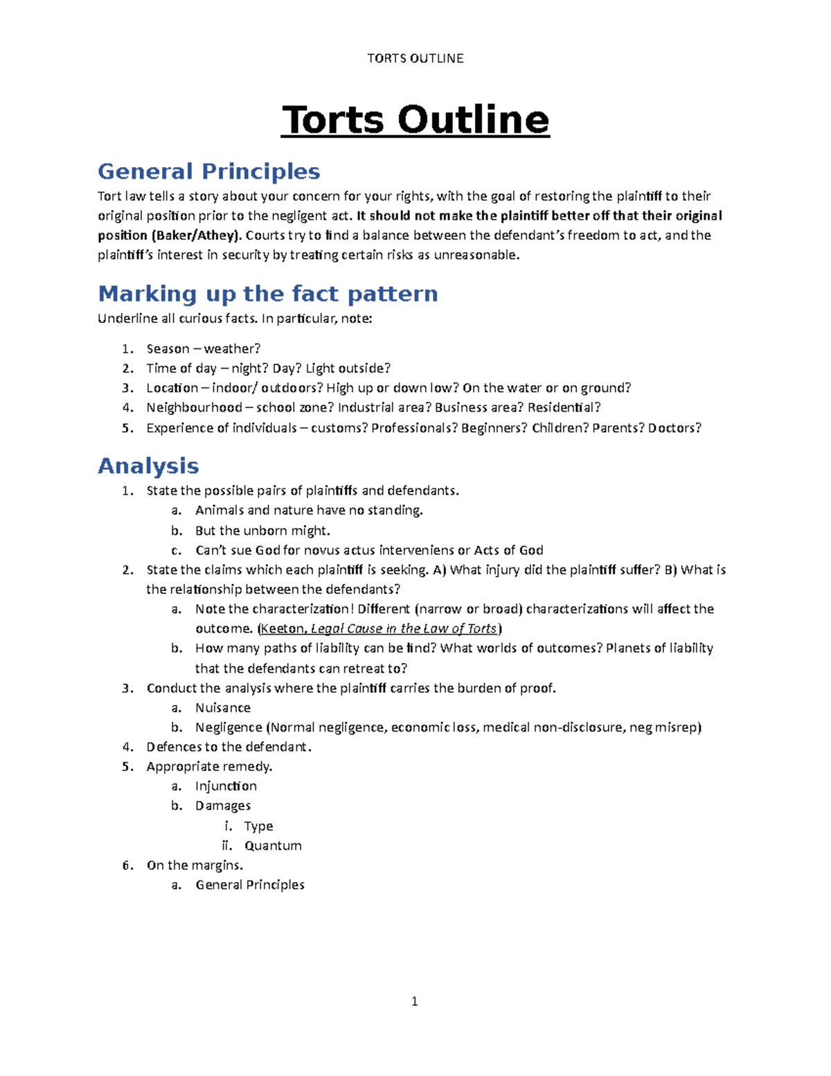 Tort Law- Chapman- 2018- Outline- Tsui - Torts Outline General ...