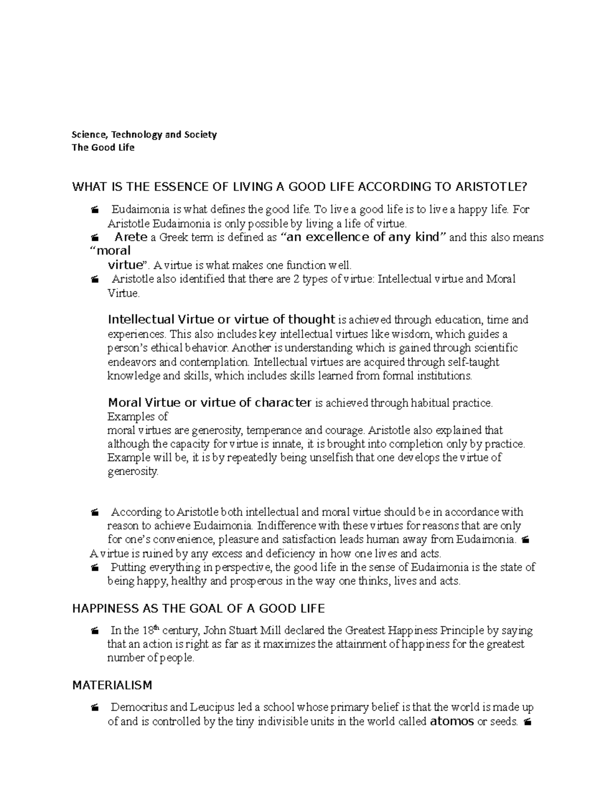 Handout The Good Life - The Good Life - Summary - Science, Technology ...