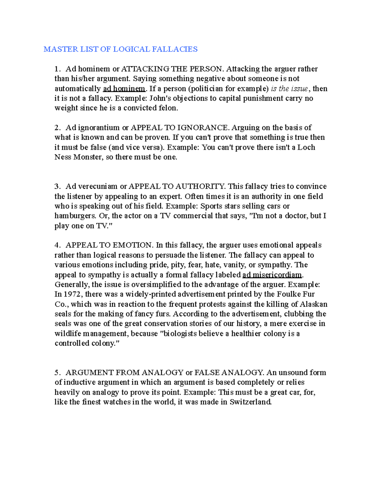 LIST OF Logical Fallacies - PHILO 101 - Studocu