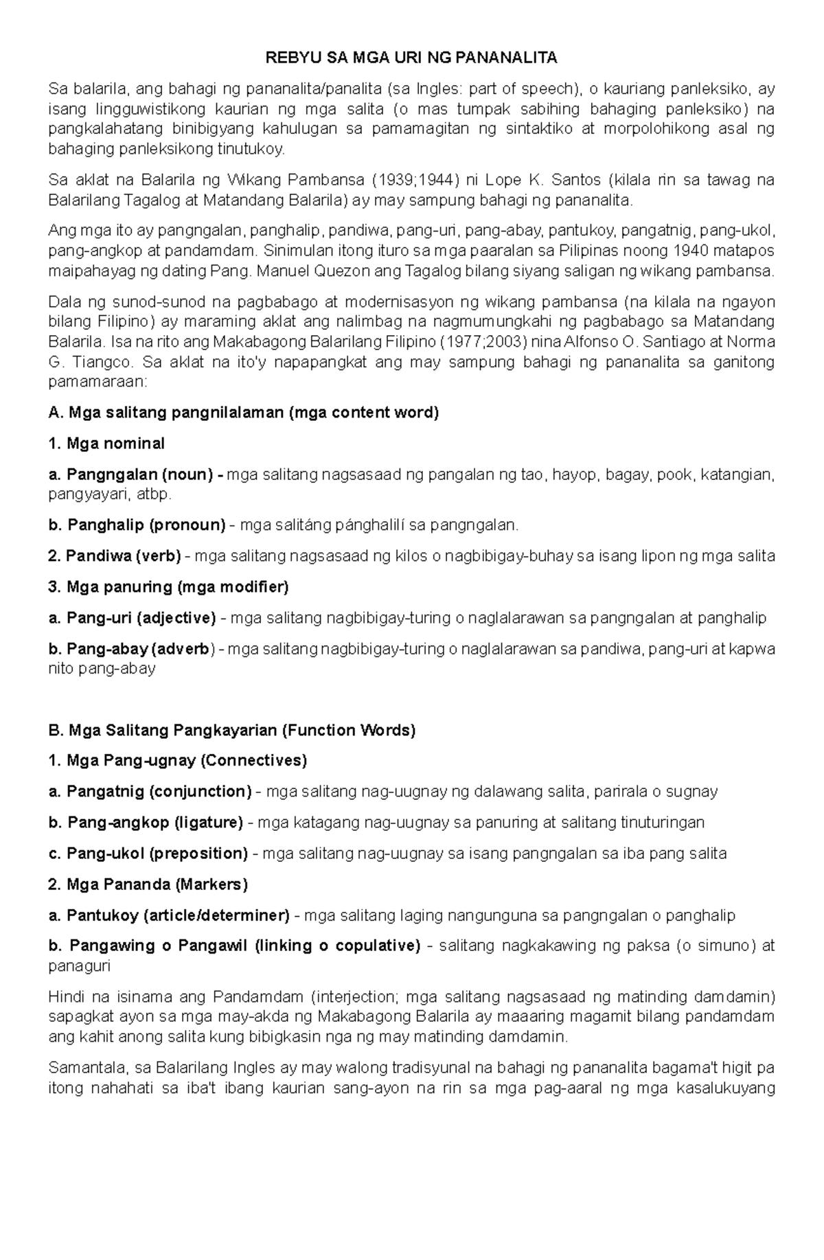 Rebyu SA MGA URI NG Pananalita - REBYU SA MGA URI NG PANANALITA Sa ...