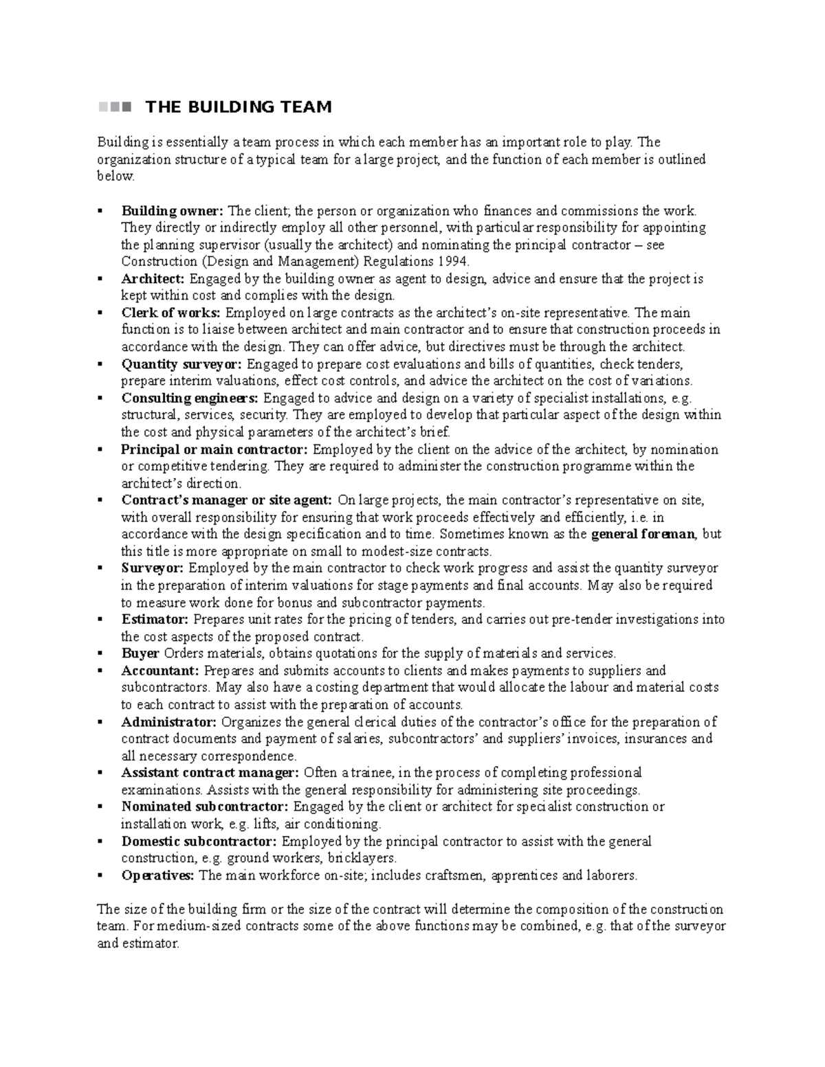 Parties involved in construction - THE BUILDING TEAM Building is ...