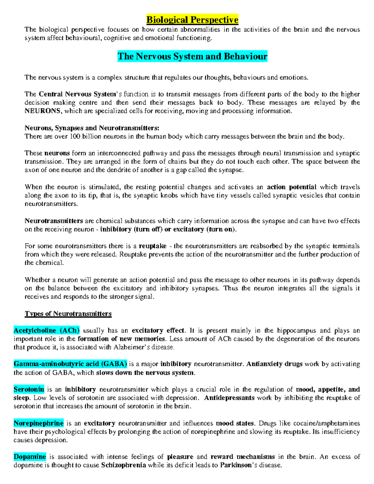 Unit 2- Biological Perspective - Biological Perspective The biological ...