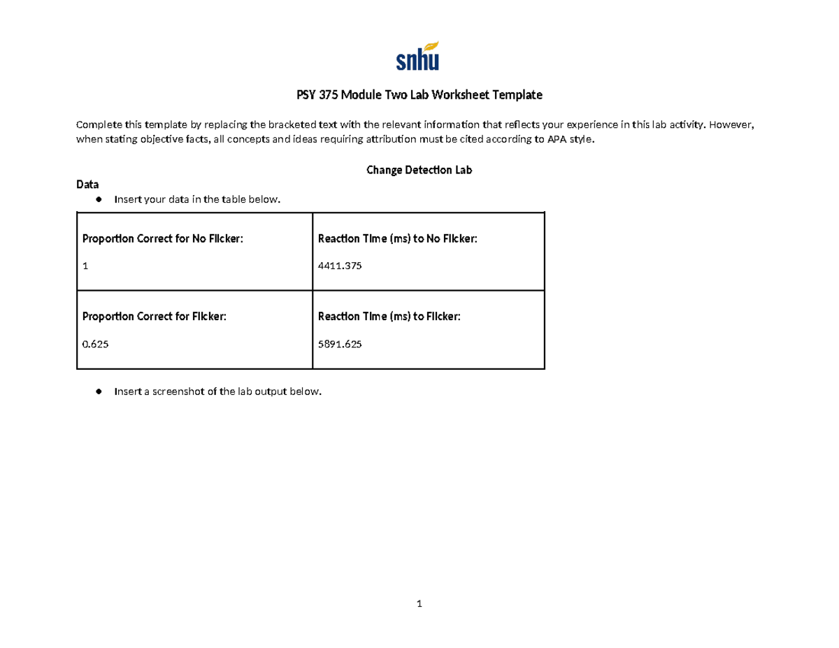 Module 2 lab worksheet - lab - PSY 375 Module Two Lab Worksheet ...