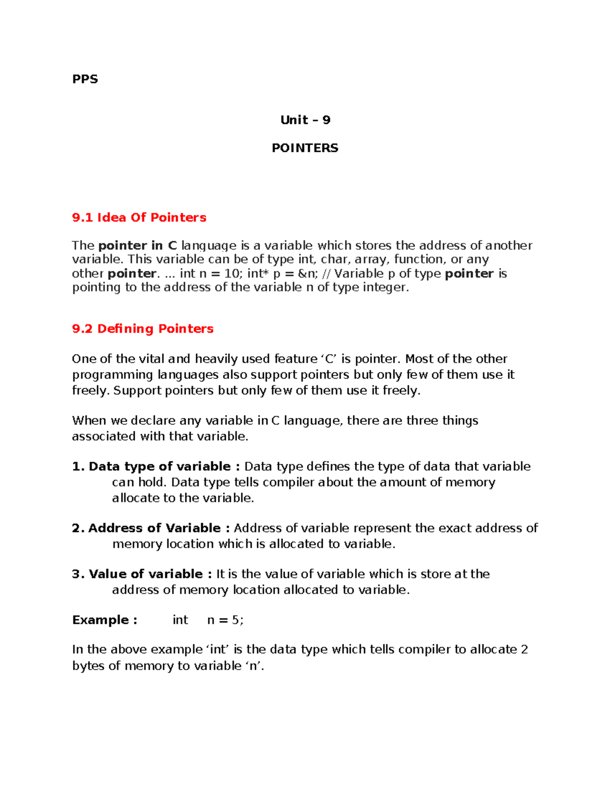 Pps 9 Pointers Idea Of Pointers Defining Pointers Use Of Pointers
