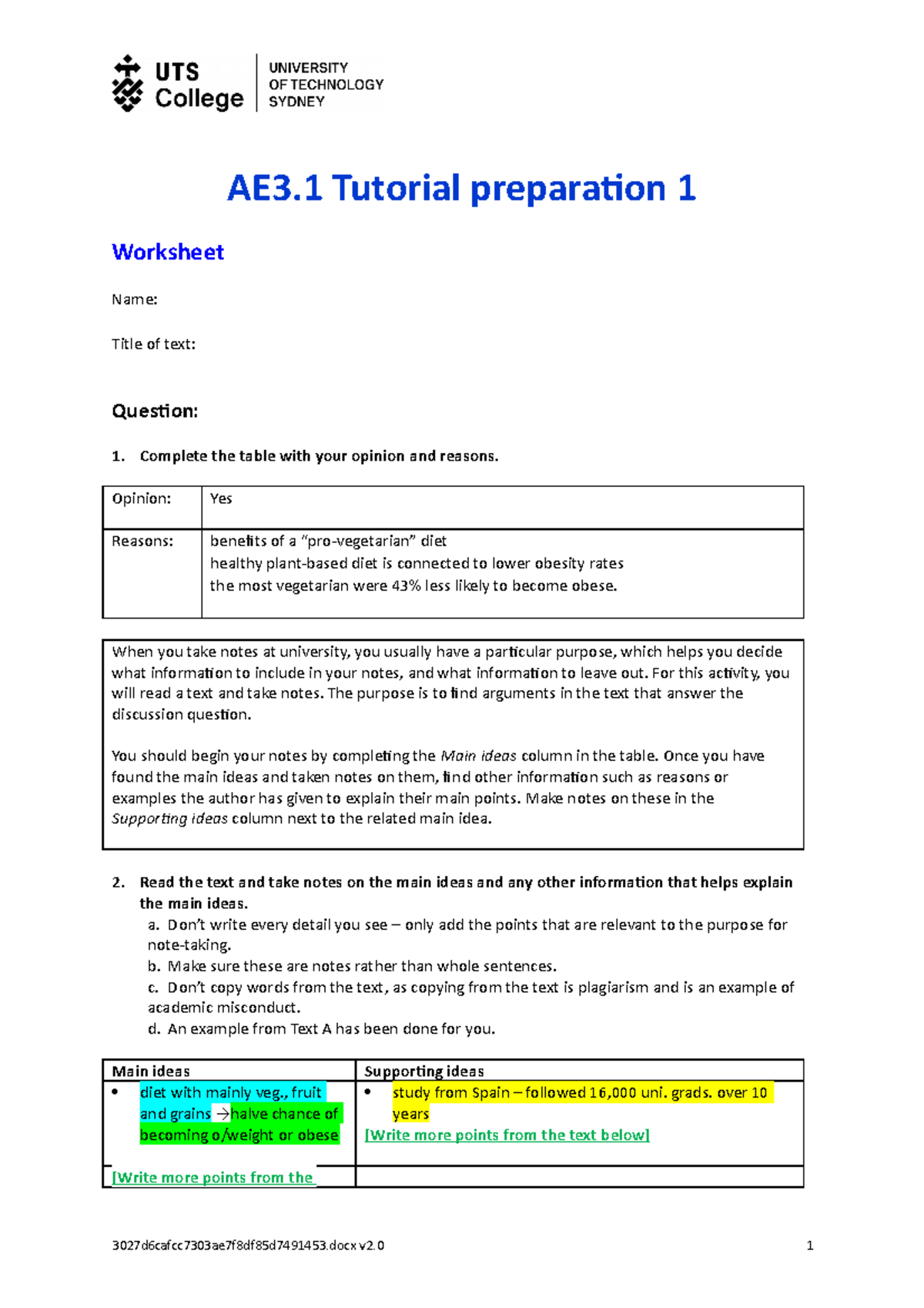 AE3.1 Tutorial preparation 1 - Worksheet - AE3 Tutorial preparation 1 ...