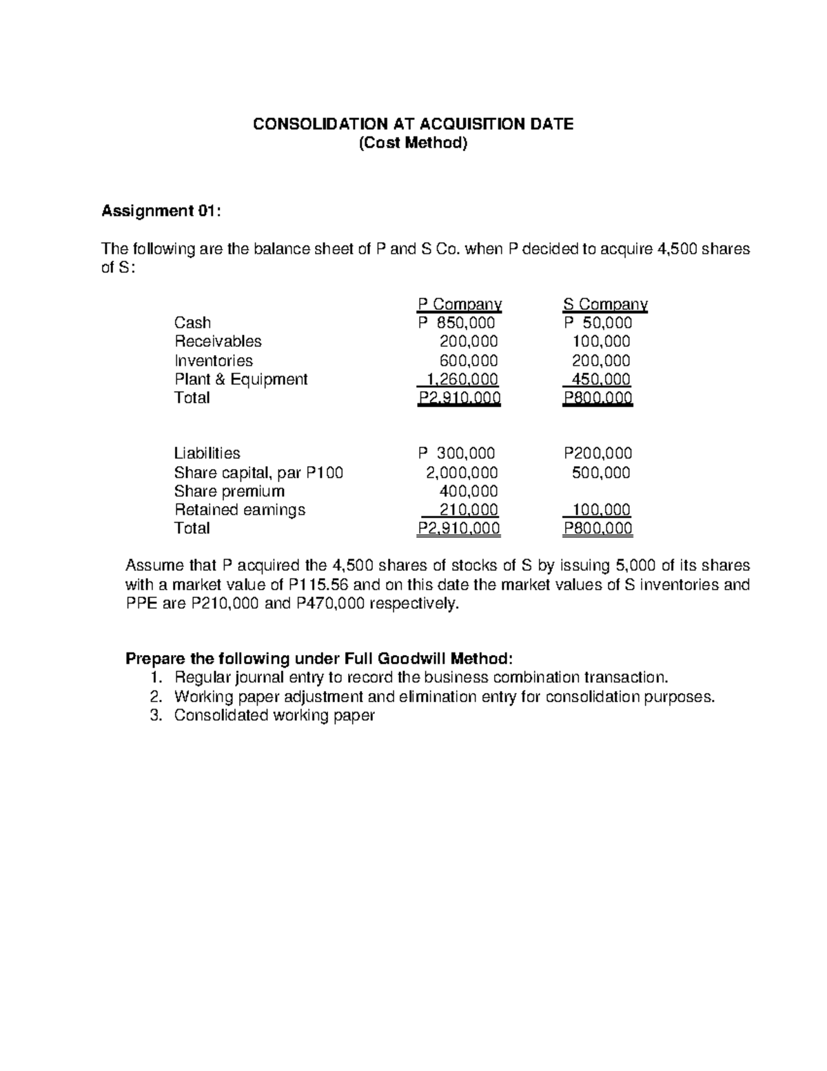 Assignment 01 - BSA Notes - CONSOLIDATION AT ACQUISITION DATE (Cost ...