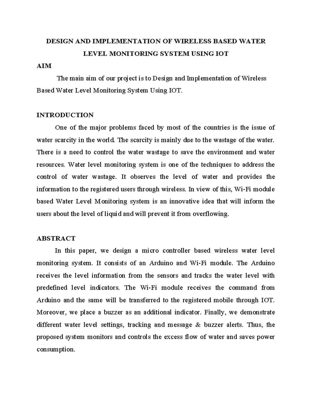 1. Design AND Implementation OF Wireless Based Water Level Monitoring System Using IOT - - Studocu