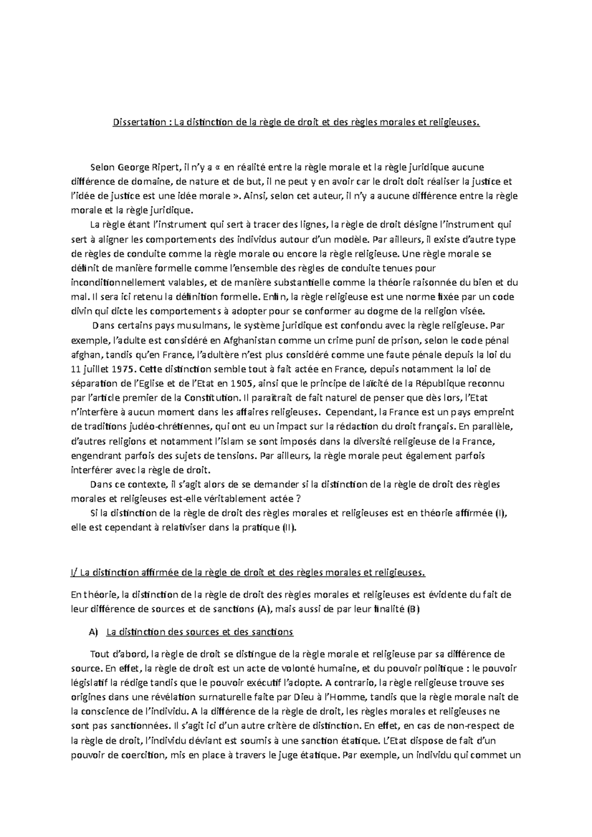 Dissertation - Selon George Ripert, il n’y a « en réalité entre la ...