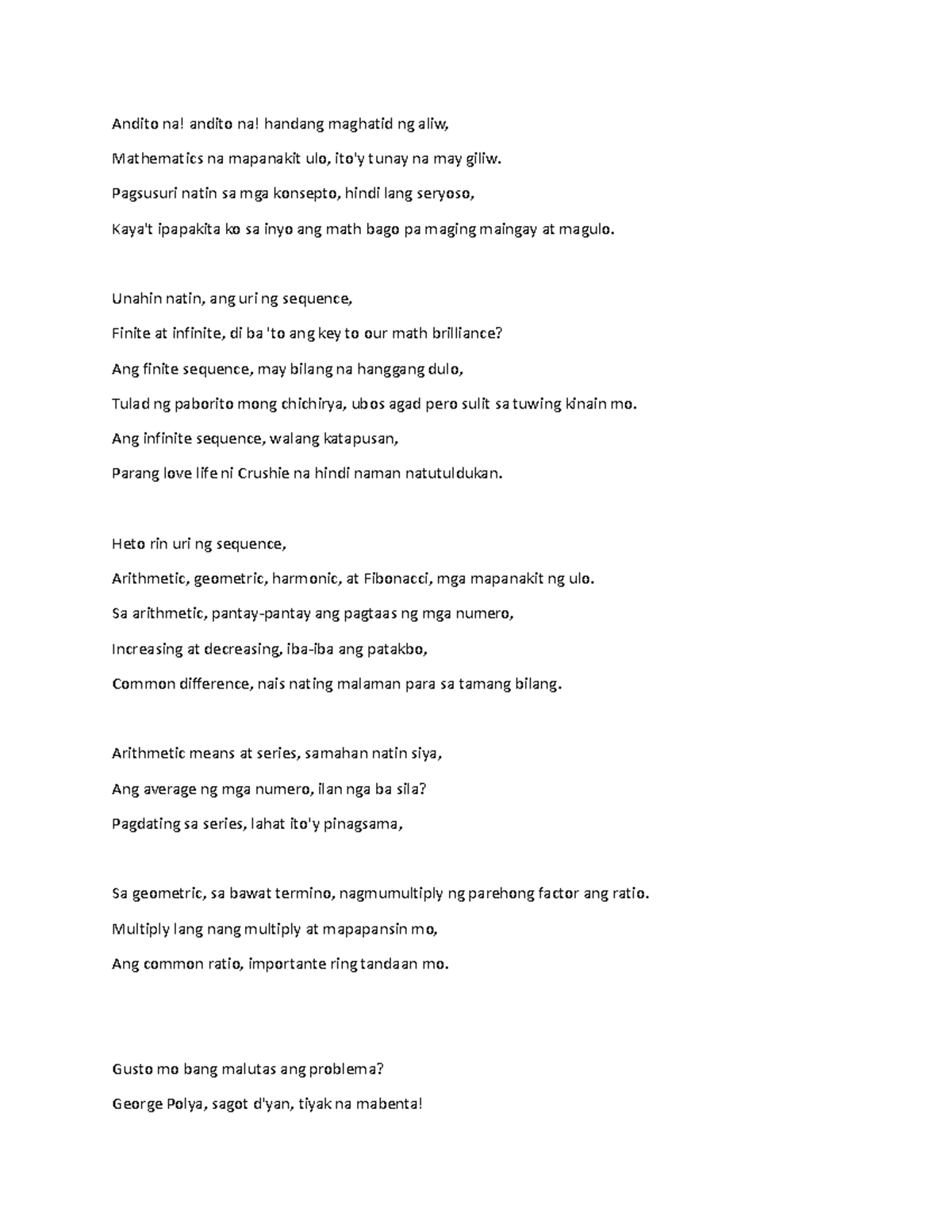 Math-spoken-poetry - need para makadl - Andito na! andito na! handang ...