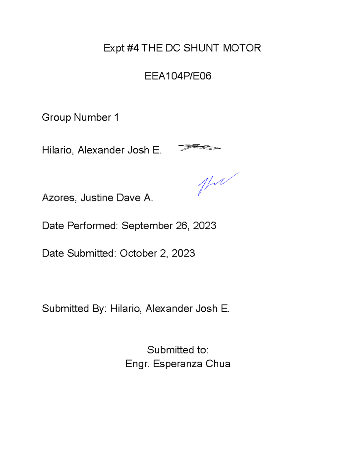 EXP4 EEA104P Hilario - Expt #4 THE DC SHUNT MOTOR EEA104P/E Group Number 1 Hilario, Alexander ...