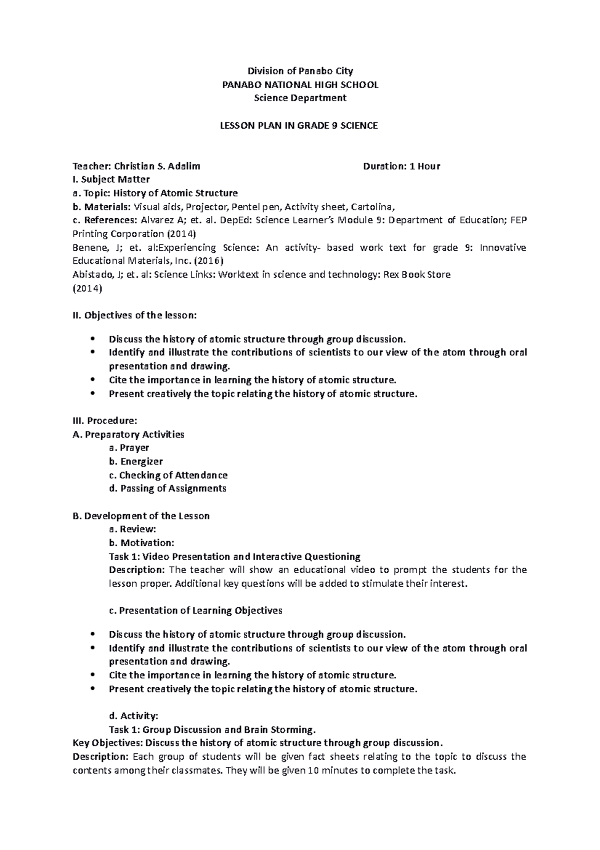 LP 1ST - Lesson Plan Sample - Division of Panabo City PANABO NATIONAL ...