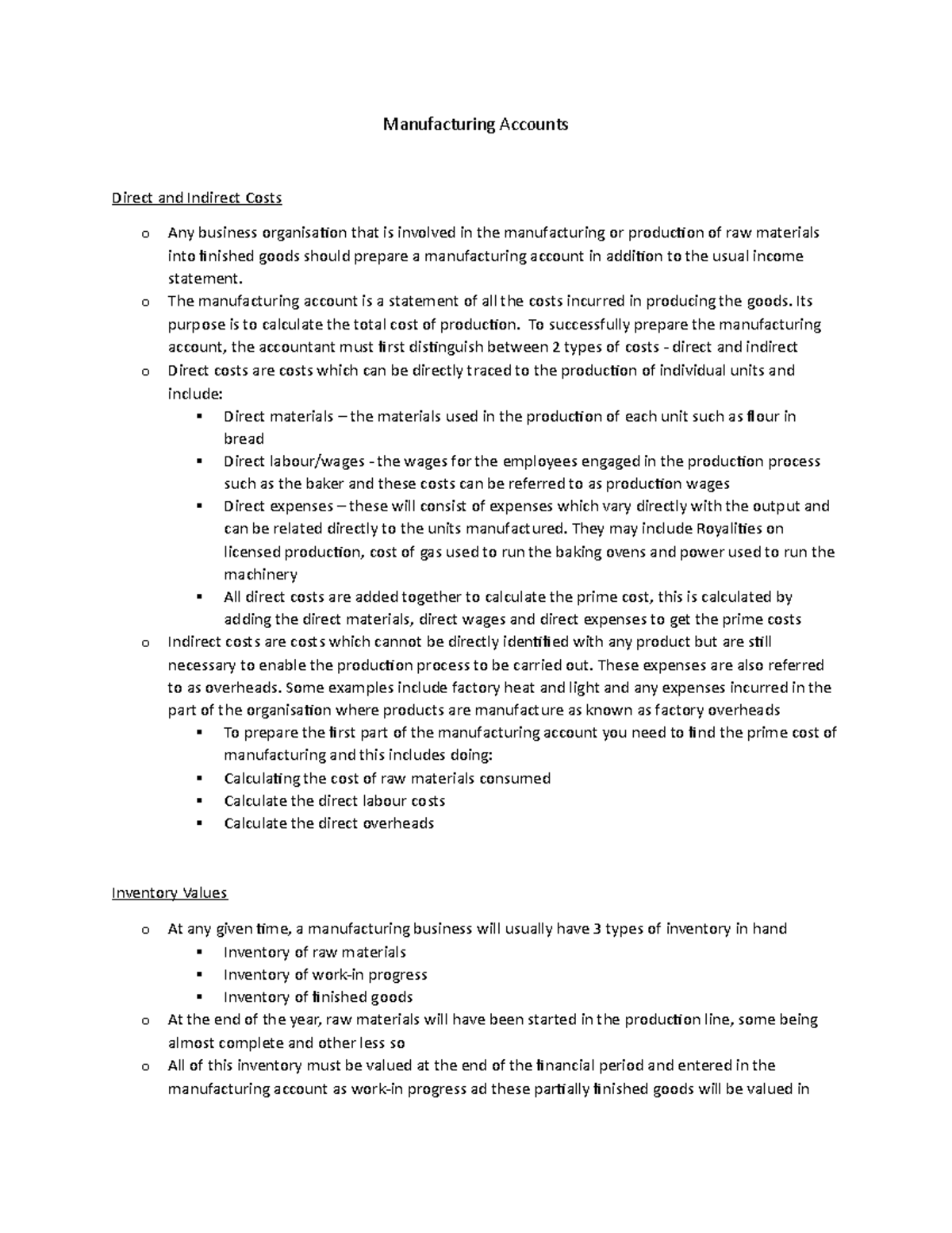 Manufacturing Accounts Notes - Manufacturing Accounts Direct and ...