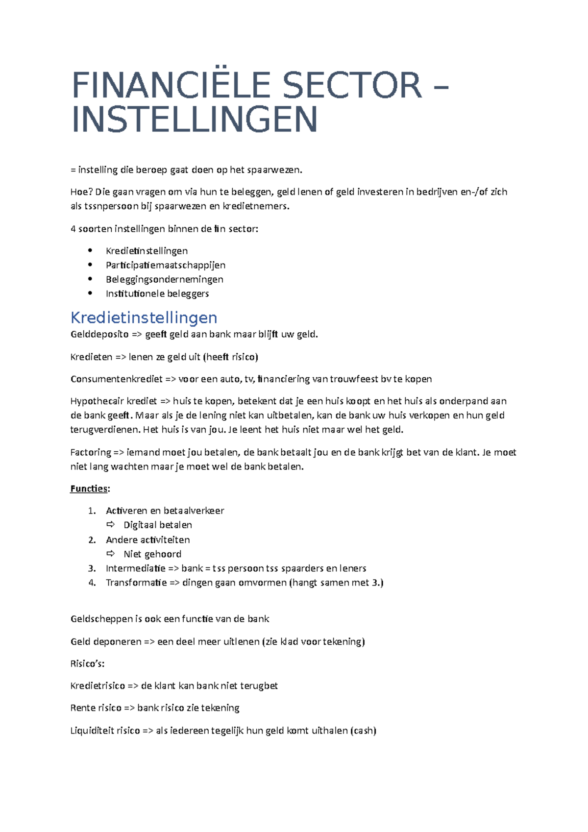Bank en financien les 1 - Bank en fin eerste les - FINANCIËLE SECTOR ...