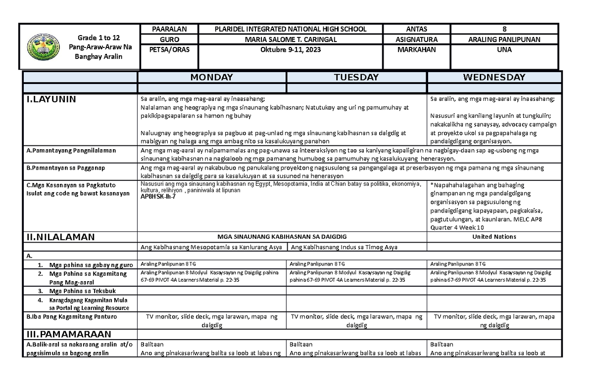 DLL AP8 Q1 W6 - daily lesson log in AP9 - Grade 1 to 12 Pang-Araw-Araw ...