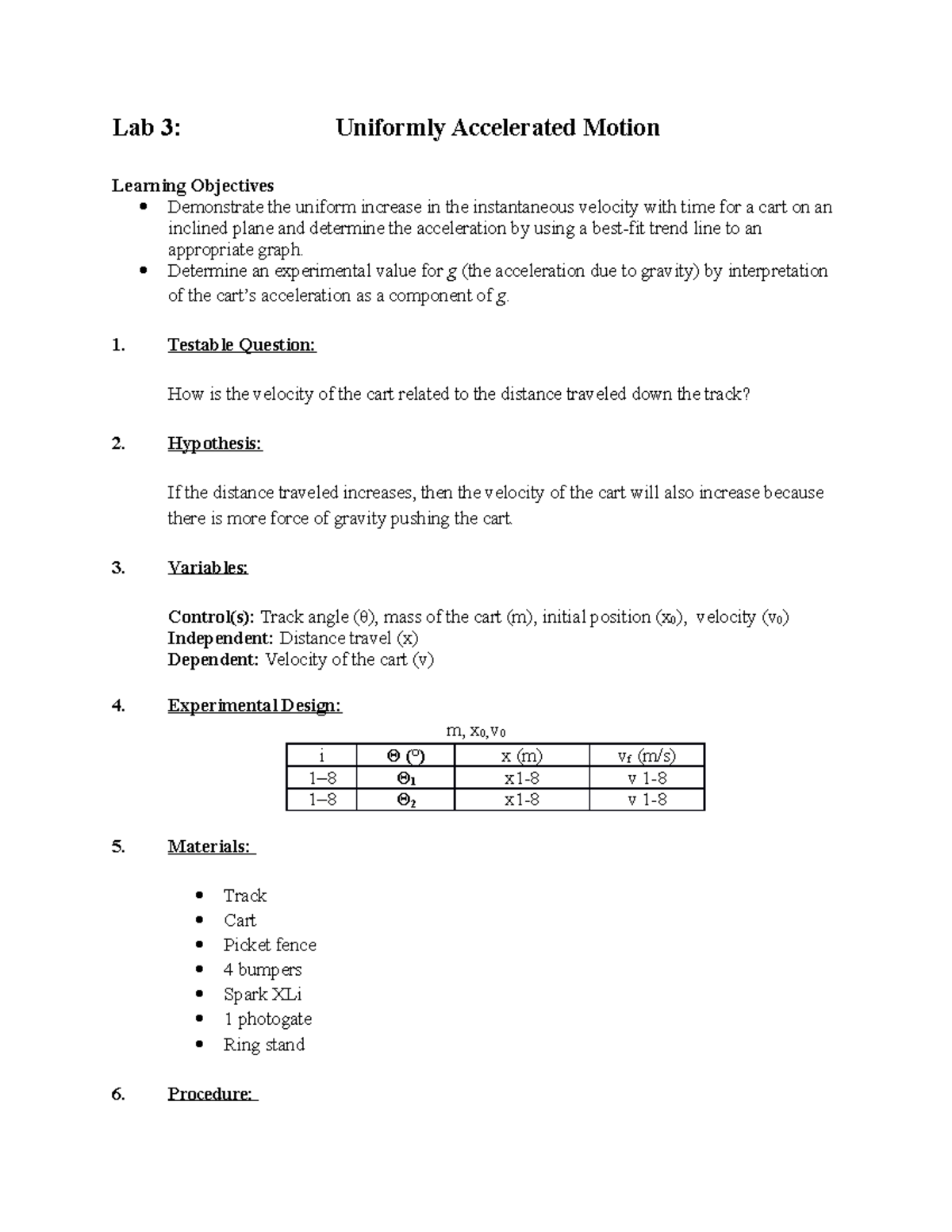 PHY111L Lab 3 Uniformly accelerated motion 3 - Lab 3: Uniformly Accelerated Motion Learning ...