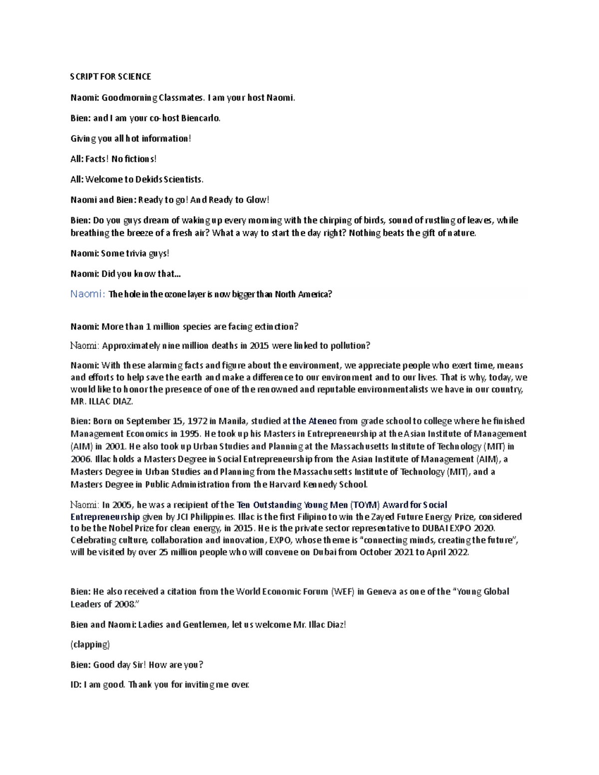 Script FOR Science 2 - SCRIPT FOR SCIENCE Naomi: Goodmorning Classmates ...