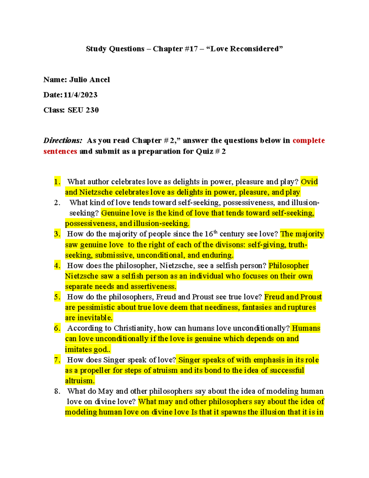 Study Questions Chapter 17 Love Reconsidered - Study Questions ...