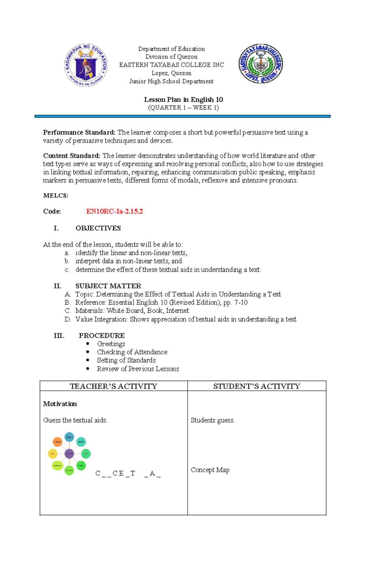 LP-Linear and Non Linear Text - Lesson Plan in English 10 (QUARTER 1 ...