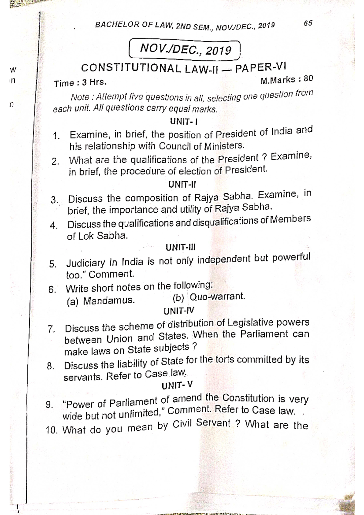 Question papers llb 2nd - BACHELOR OF LAW, 2ND SEM., 2019 65 2019 W ...