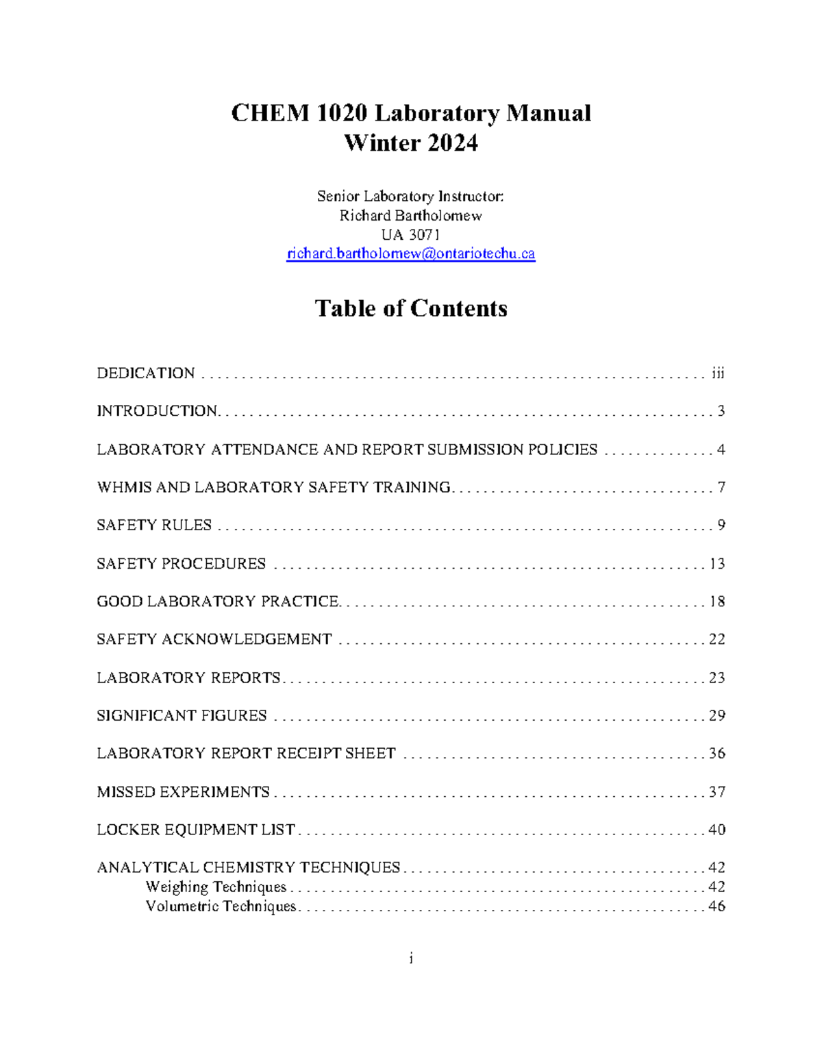 CHEM 1020 lab manual W24 - CHEM 1020 Laboratory Manual Winter 2024 Senior Laboratory Instructor ...