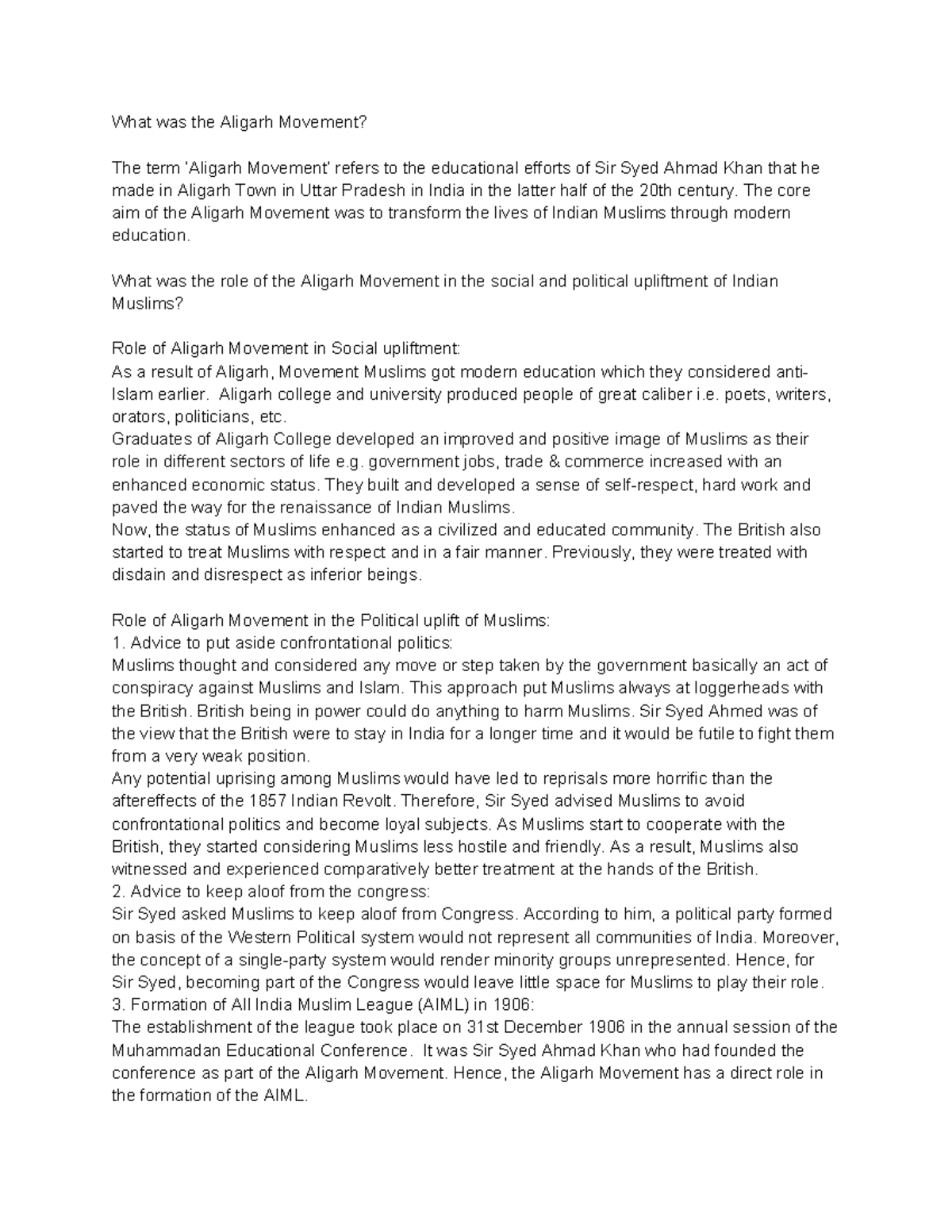 Pakistan Studies (SLO 1 - What was the Aligarh Movement? The term ...