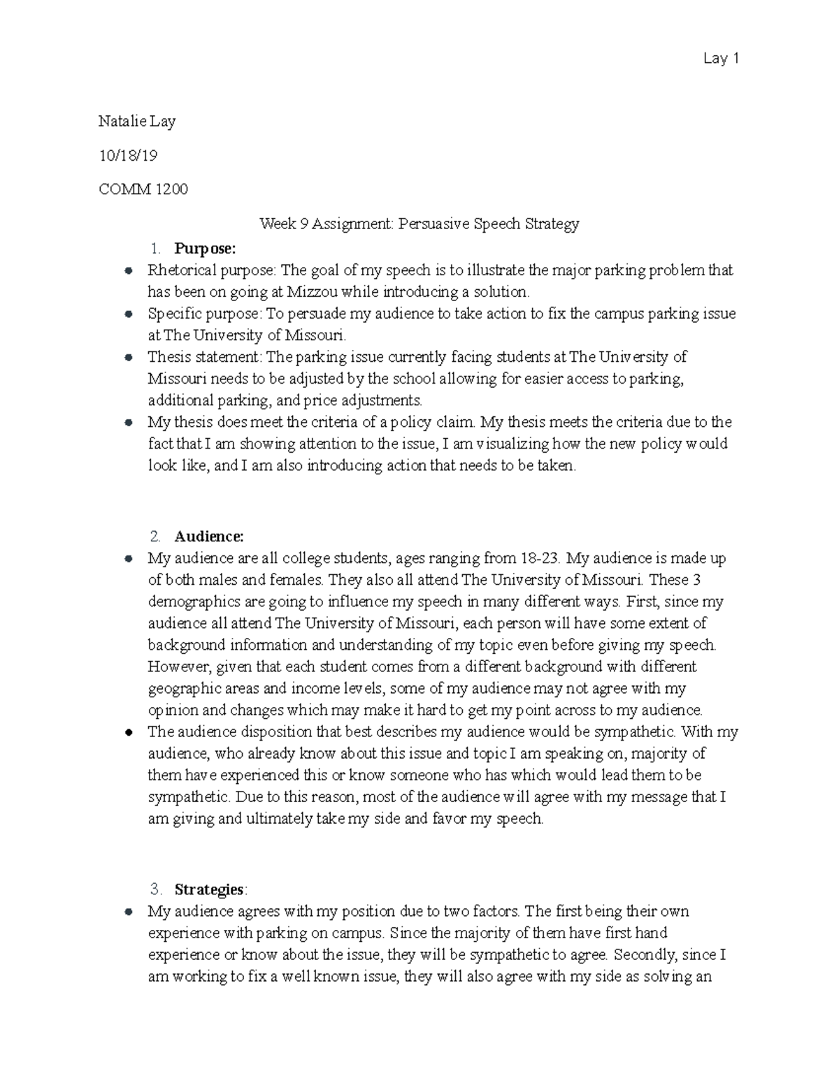 Week 9 Assignment Persuasive Speech Strategy - Lay 1 Natalie Lay 10/18 ...