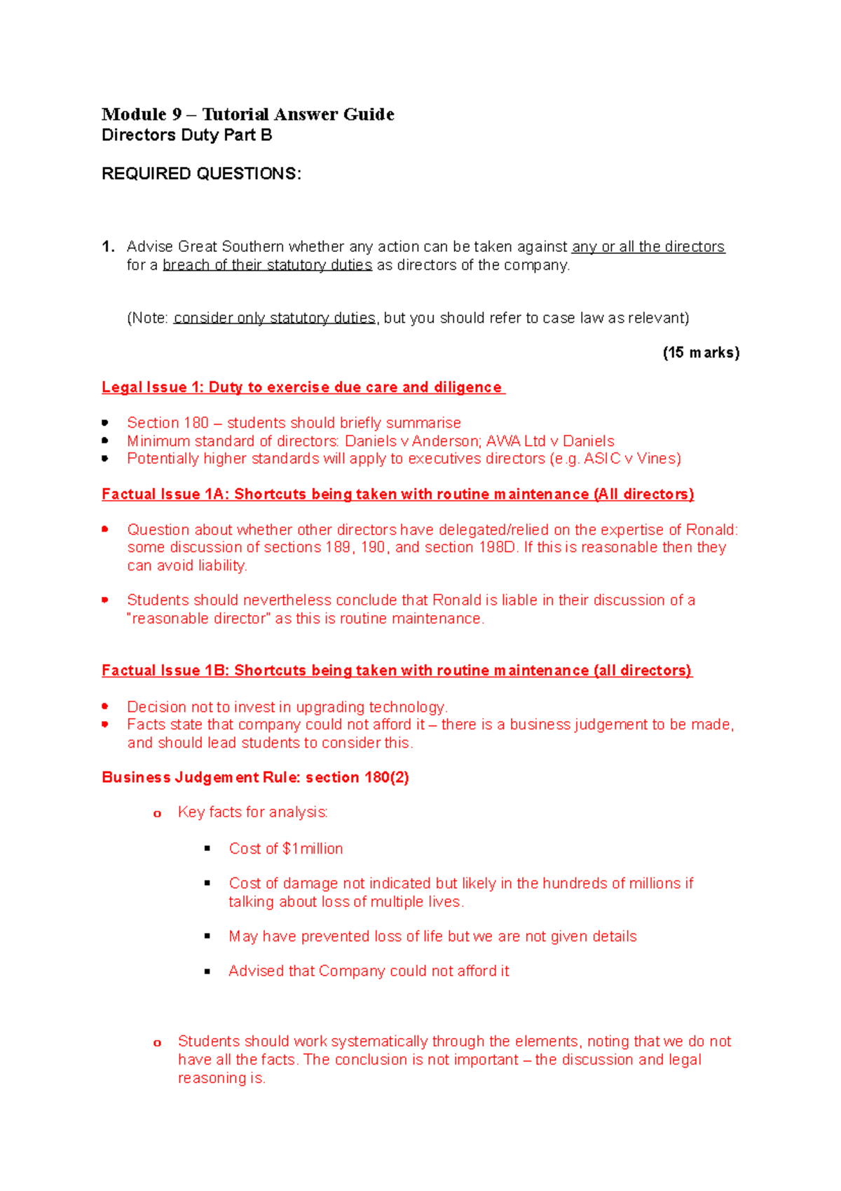 Module 9 - Company Law - Tutorial Answer Guide - Module 9 – Tutorial Answer Guide Directors Duty ...