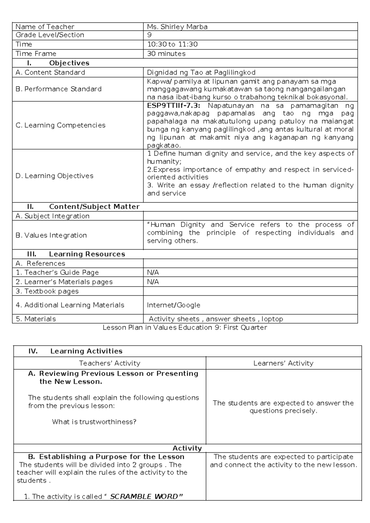 Lesson PLAN Values 1 243 - Name of Teacher Ms. Shirley Marba Grade ...