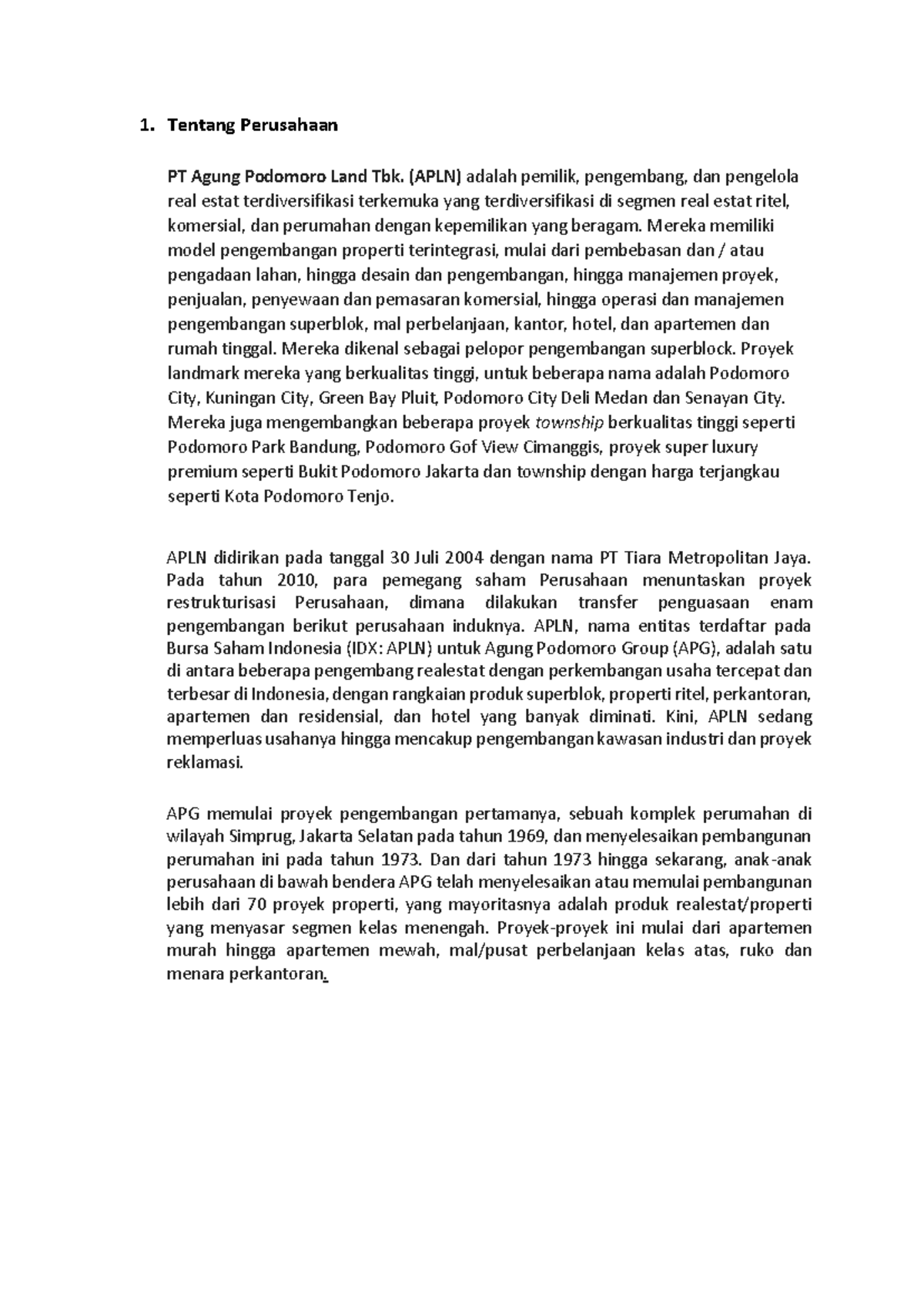 Tugas Analisis VISI DAN MISI PT Agung Podomoro LAND Tbk - 1. Tentang Perusahaan PT Agung ...