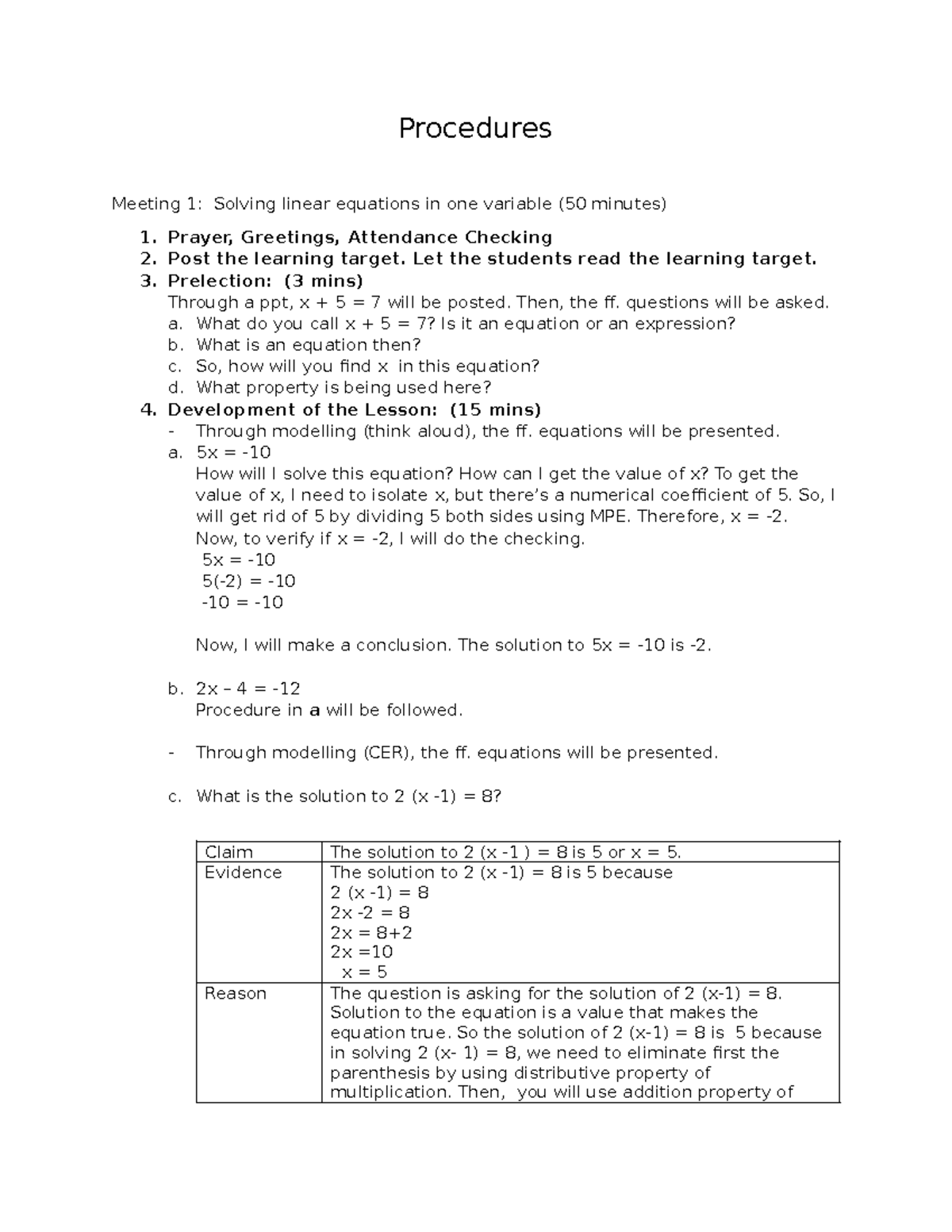 4 - Summary BSED Mathematics - Procedures Meeting 1: Solving linear equations in one variable ...