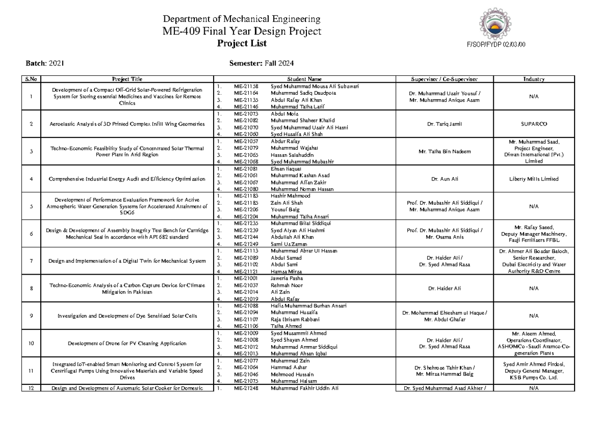 FYDP Assignment Batch 2021 Rev00 - ME- 409 Final Year Design Project ...