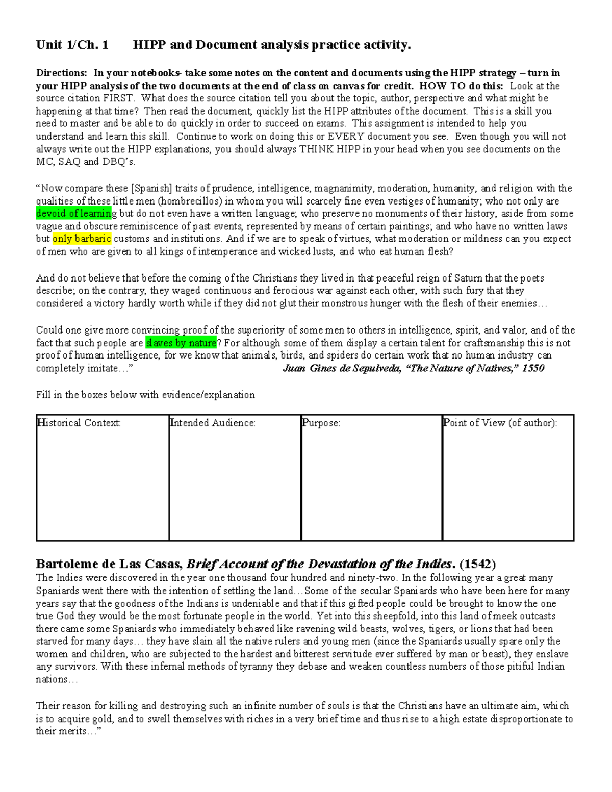 Unit 1 ch 1 HIPP doc analysis Sepulveda and de las casas - Unit 1/Ch. 1 ...