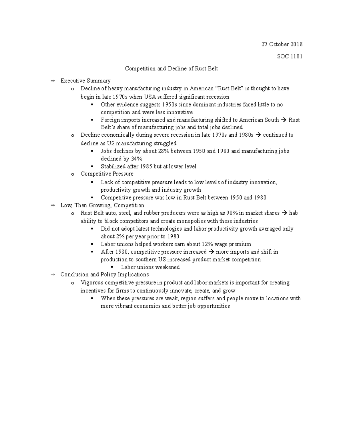 Competition and the Decline of the Rust Belt - 27 October 2018 SOC 1101 ...