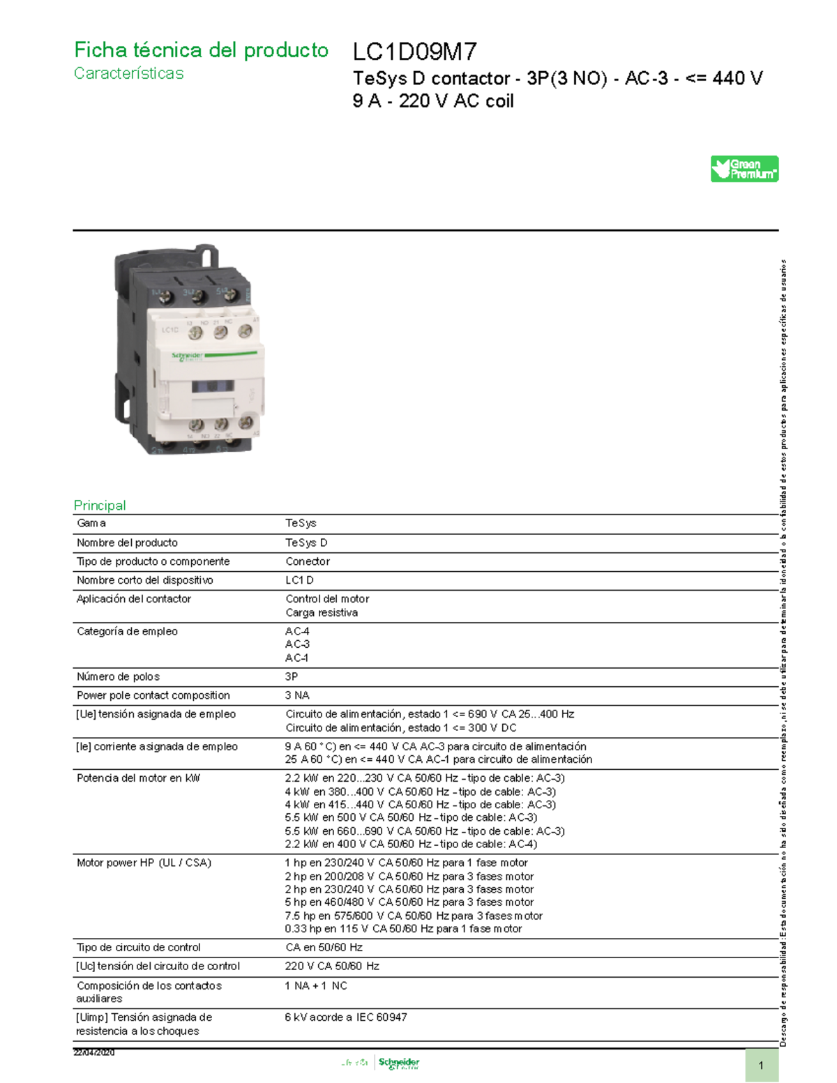 Te Sys D LC1D09M7 Contactores - Ficha técnica del producto ...