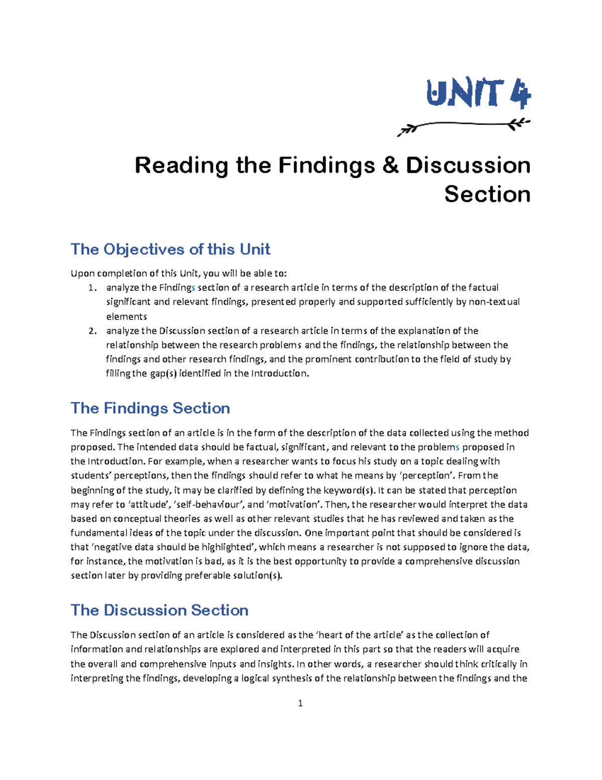 UNIT 4 Reading the Findings and Discussion - UNIT 4 Reading the ...