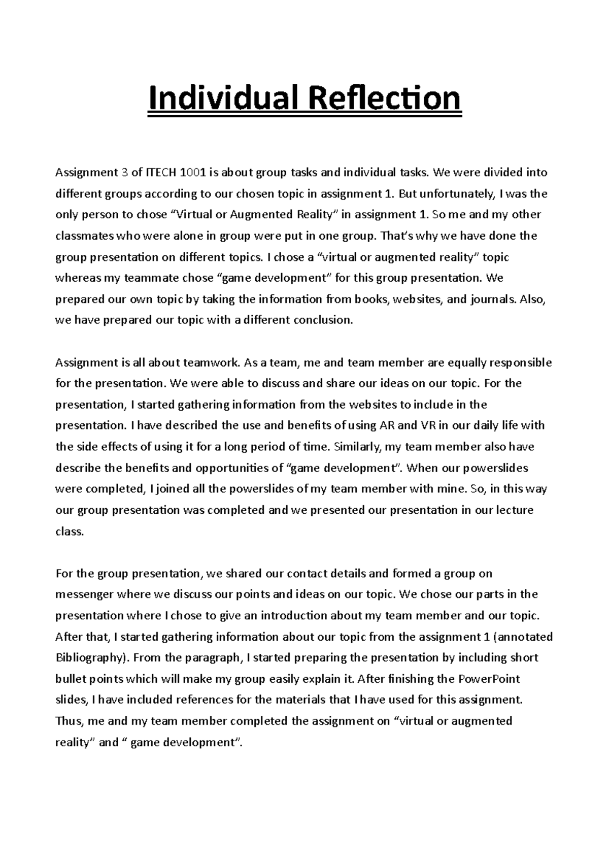 Individual Reflection - Individual Reflection Assignment 3 of ITECH ...