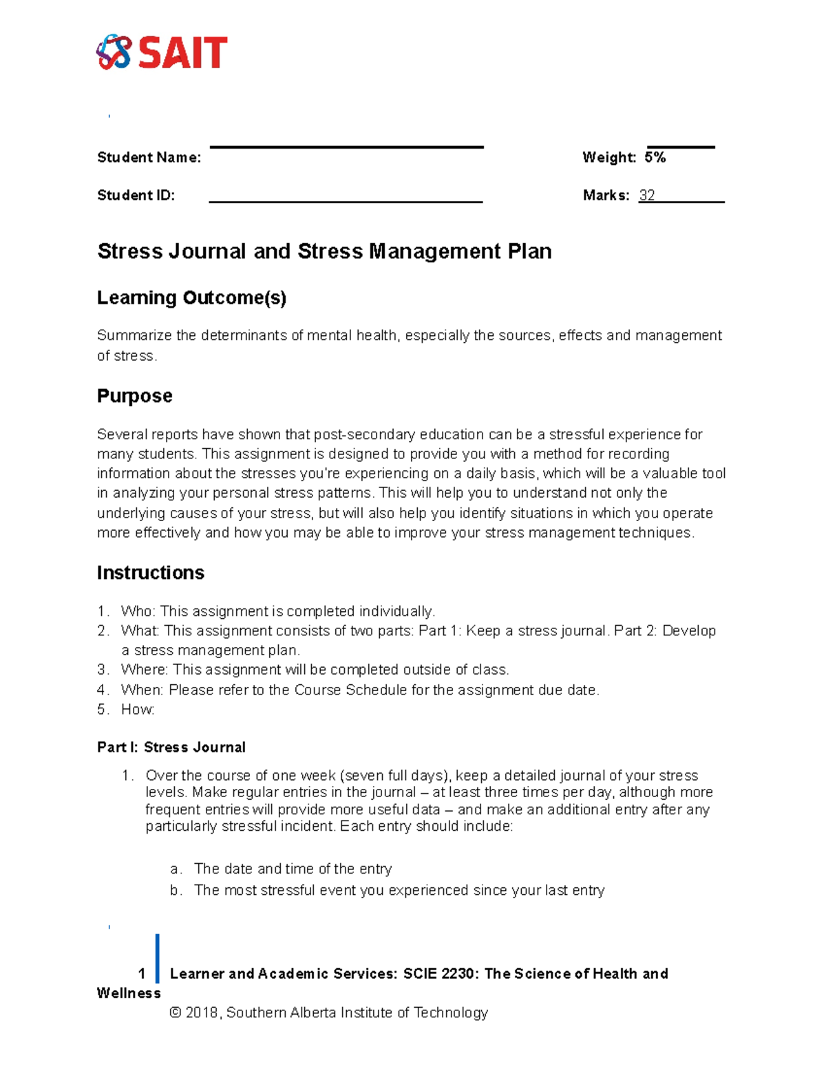SCIE 2230 Stress Journal and Stress Management Plan Distance - Student ...