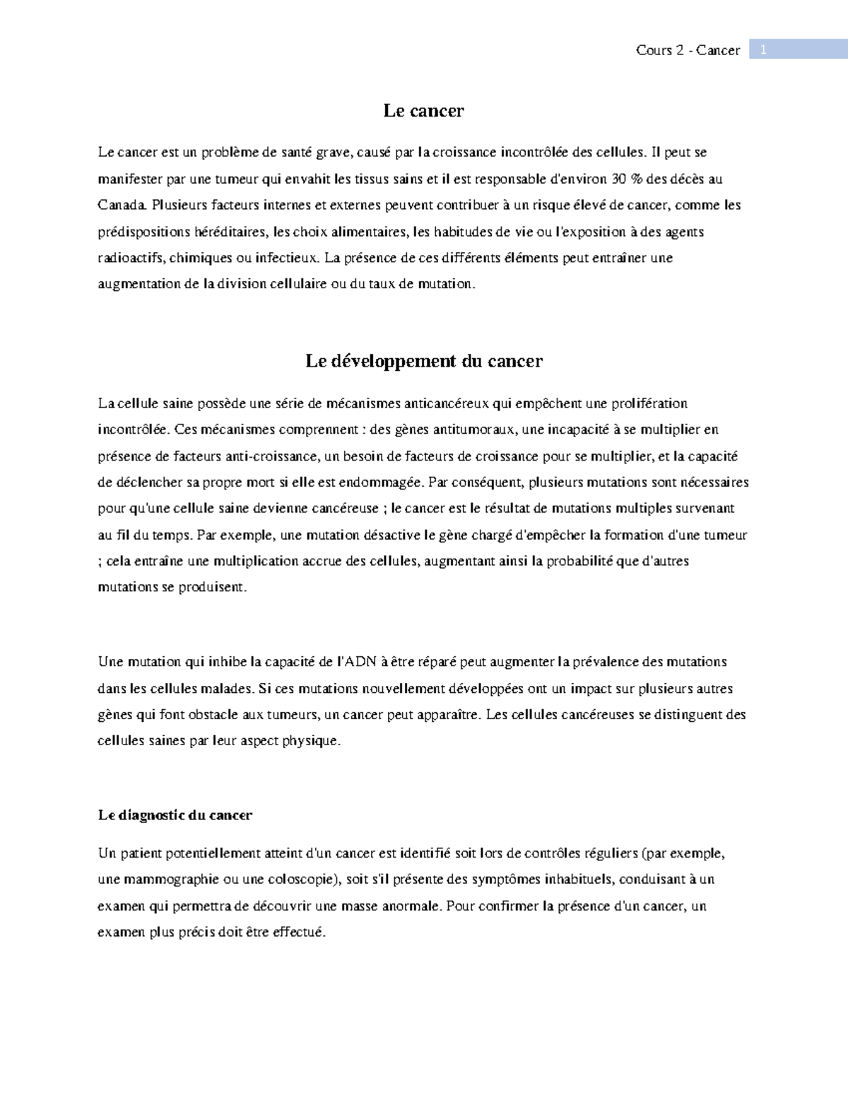Cours 2 - Le cancer - Le cancer Le cancer est un problème de santé ...