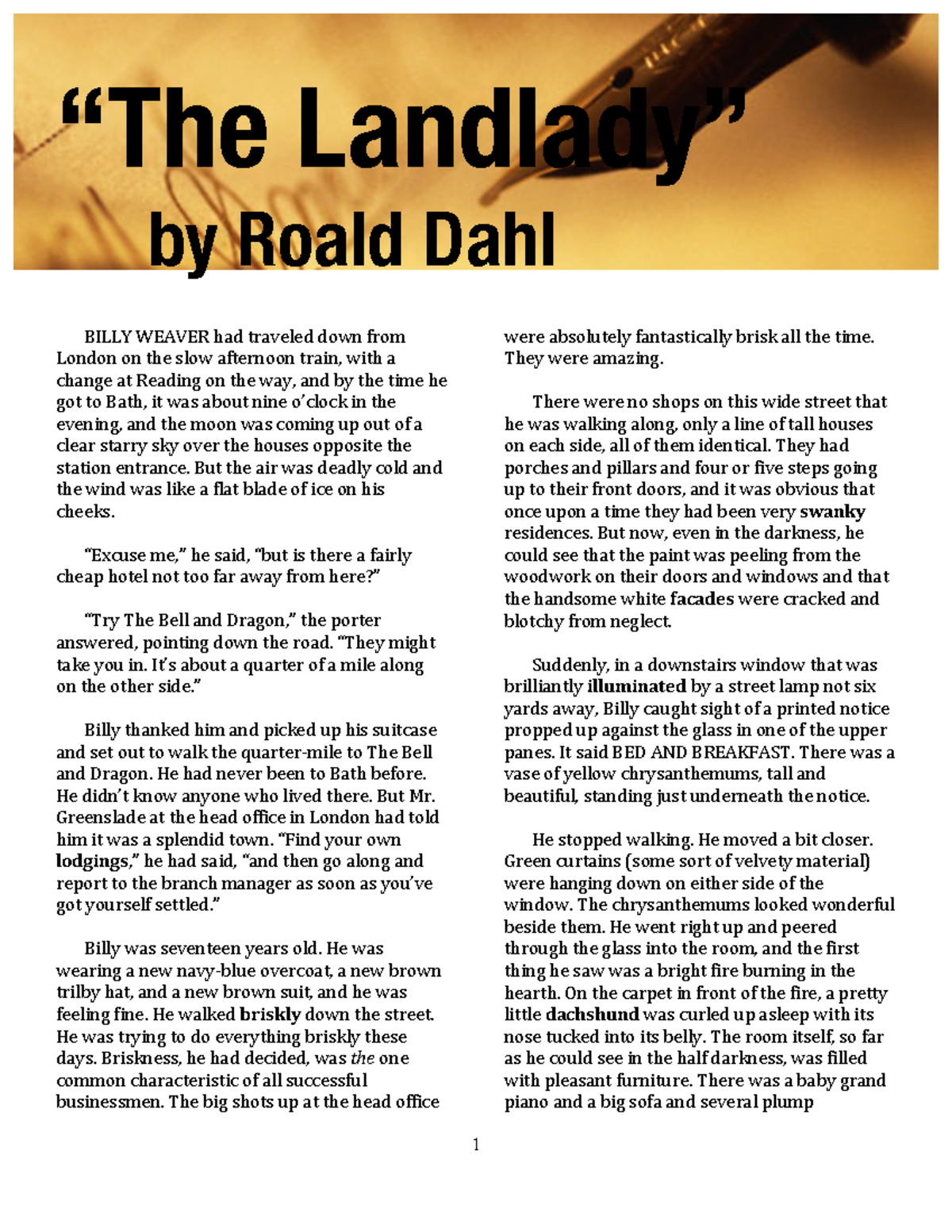 The landlady full text - cool sutf - “The Landlady” by Roald Dahl BILLY ...