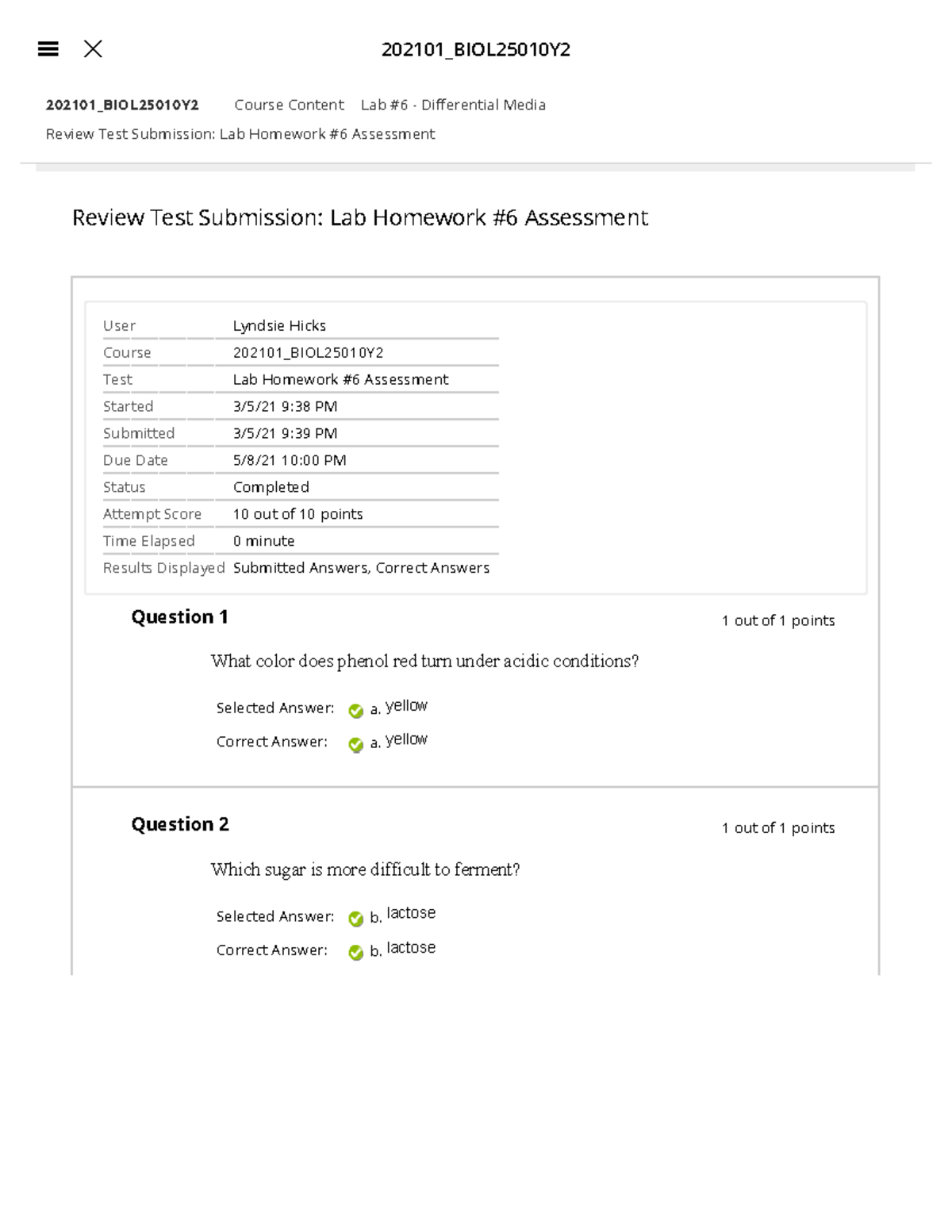 Lab 6 - Lab Assessment - 202101_BIOL25010Y Review Test Submission: Lab ...