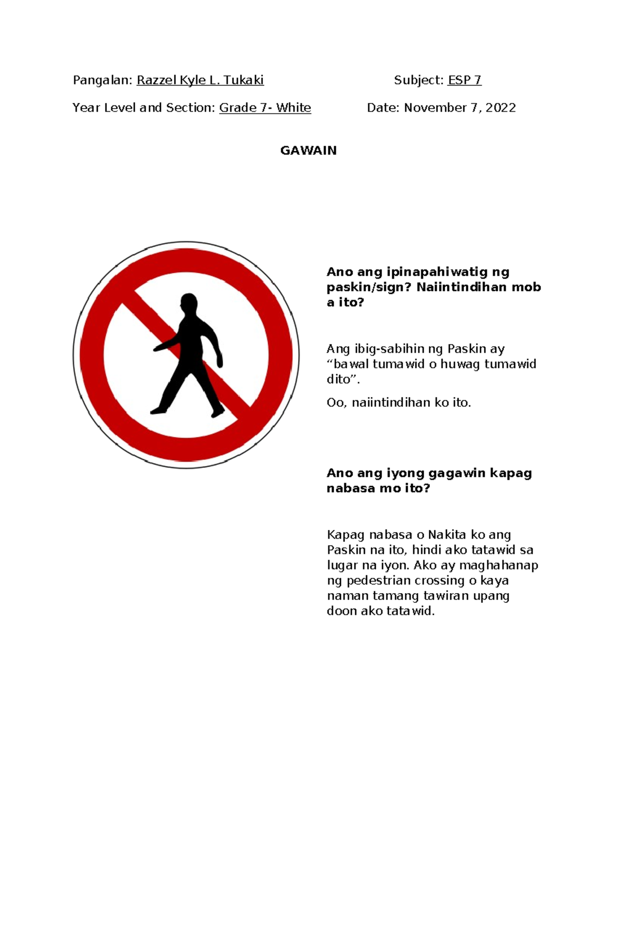 Assignment ESP - Pangalan: Razzel Kyle L. Tukaki Subject: ESP 7 Year ...