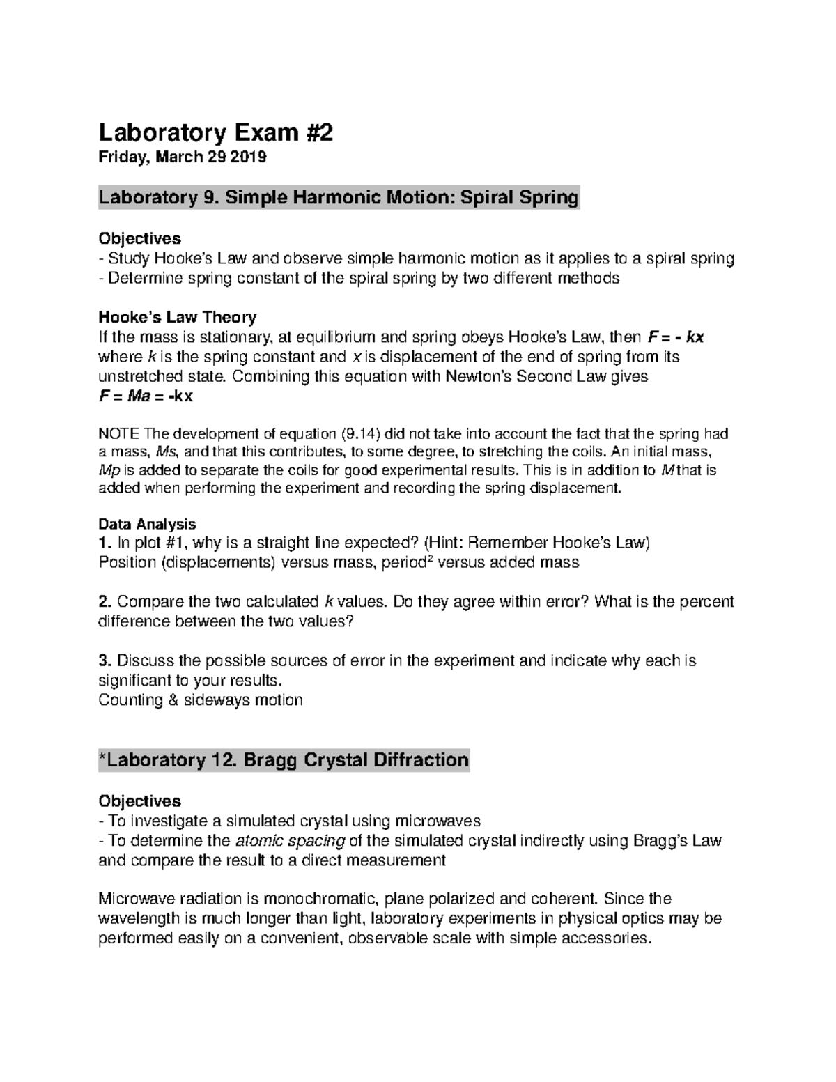Labtest 2 Review Intro Phys - Laboratory Exam Friday, March 29 2019 ...