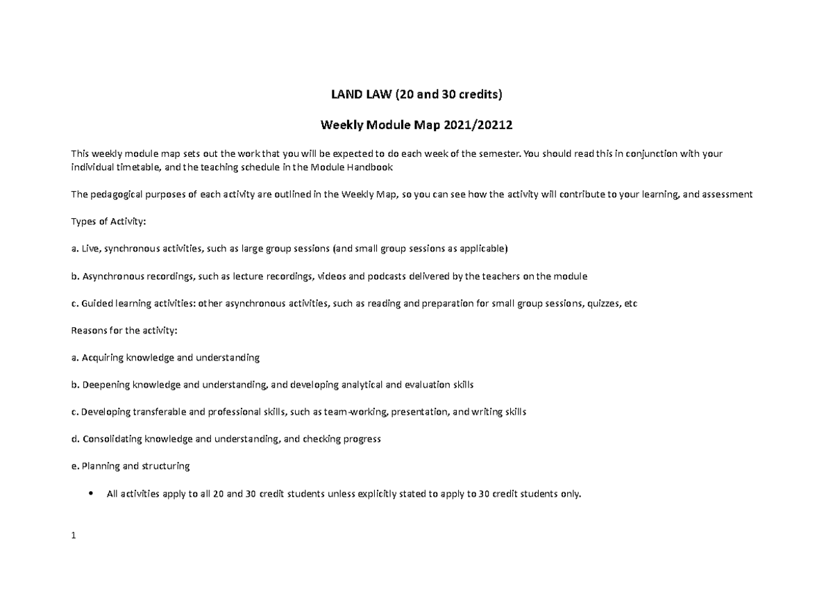 Weekly module map Land Law 21-22 - LAND LAW (20 and 30 credits) Weekly ...